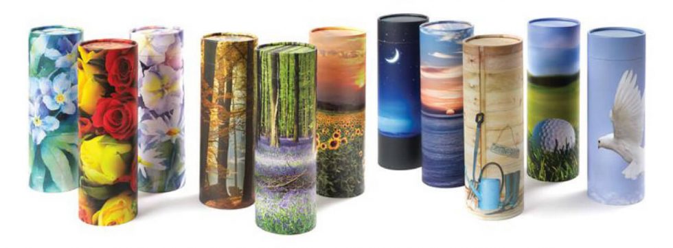 Scatter tubes for cremation ashes, both innovative and colourful.